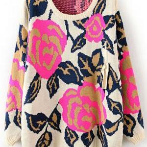Big Rose Pattern Jumper Sweater on Luulla