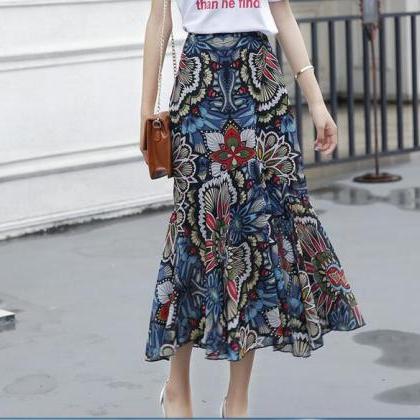 New Floral Chiffon Ruffles High Waist Long Skirt on Luulla