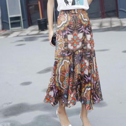 New Floral Chiffon Ruffles High Waist Long Skirt on Luulla