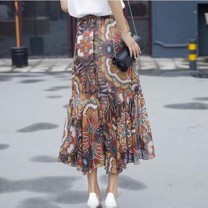 New Floral Chiffon Ruffles High Waist Long Skirt on Luulla
