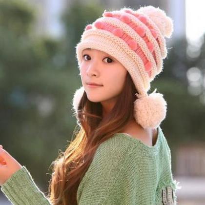 Winter Cute Little Ball Knitted Bomber Hat For Girls - Watermelon Red ...