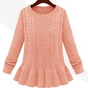Ladylike Round Neck Cable Sweaters With Frill - Pink on Luulla
