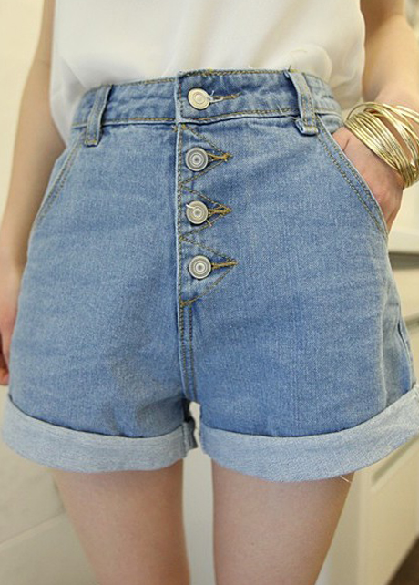 Casual Button Design High Waist Denim Shorts on Luulla