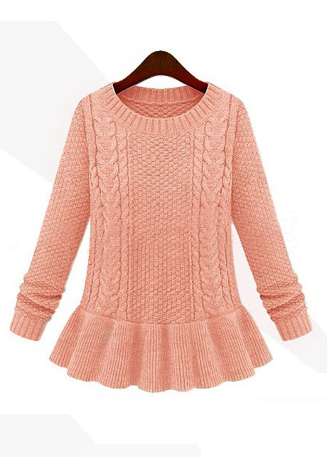 Ladylike Round Neck Cable Sweaters With Frill - Pink on Luulla