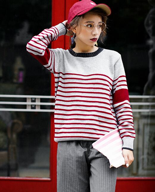 Women Stripe Long Sleeve Sweater For Autumn - Wine Red on Luulla