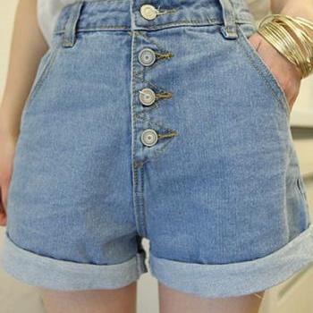 Casual Button Design High Waist Denim Shorts on Luulla