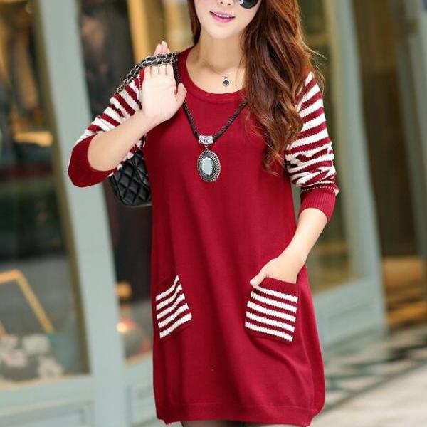 Round Neck Long Sleeve Loose Sweater For Women - Wine Red on Luulla