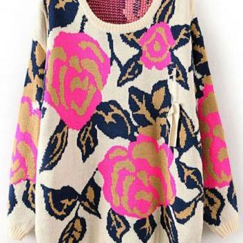 Hot Big Rose Pattern Jumper Sweater on Luulla