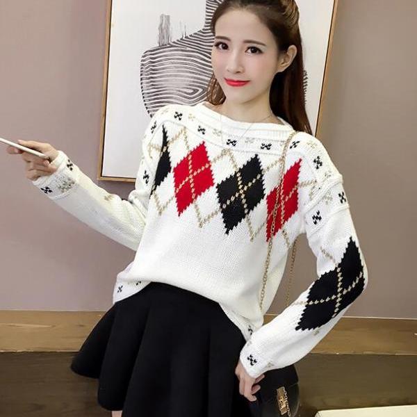 Fashion Style Long Sleeves Diamond Design Knitting Sweater on Luulla
