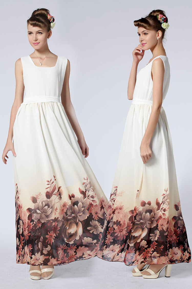 Designer Princess Style Chiffon Maxi Dress With Coffee Flowers on Luulla